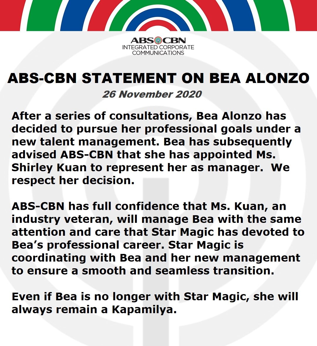 ABS-CBN statement on Bea Alonzo
